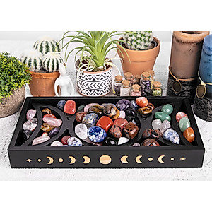 Crystal Tray for Stones, Triple Moon Crystal Holder Box, 3 Tarot Card Stand for Daily Affirmation Cards, Wicca Crystal Display, Detachable Rocks, Essential Oil Organizer, Witch Altar Gift