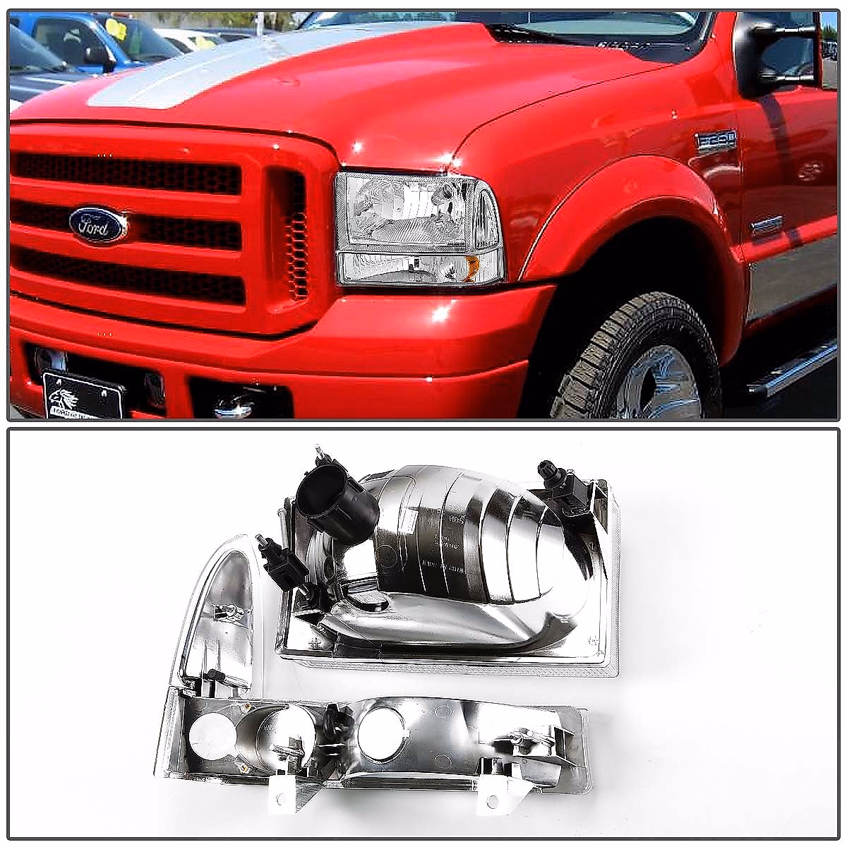 DNA MOTORING HL-OH-F99SD4P-CH-AM Chrome Amber Headlights Replacement Compatible with 99-04 F-250 / F-350 / F-450 / F-550
