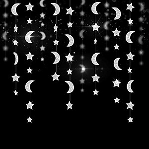 Silver Twinkle Twinkle Little Star Birthday /Baby Shower Decorations Moon and Star Garland Decorations Outer Space Birthday Party Decorations Glitter Silver Honey Moon Wedding Engagement