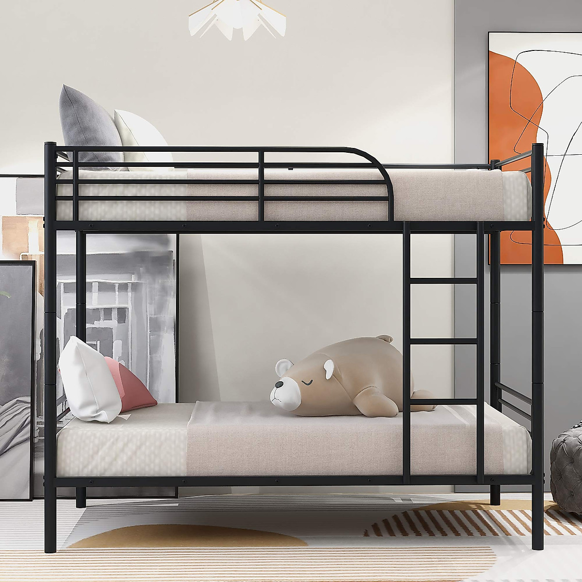 JULYFOX Steel Bunk Bed Twin Over Twin, Modern Metal Bed Frame 550 lb Heavy Duty with Stairs Side Guard Rails 10.8 inch Storage Space No Box Spring Needed 2 Twin Bed Platform for Kids Teens Black