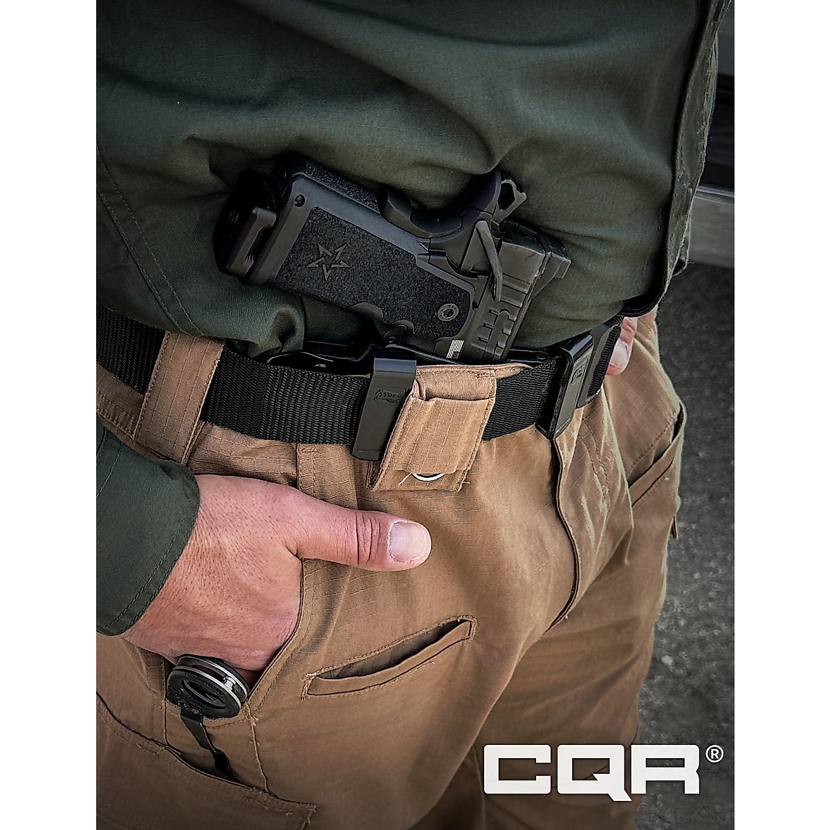 CQR Tactical Belt, Military Style Heavy Duty Belt, Webbing EDC Quick-Release Buckle, 2pack Plastic Flip Tab Black/Khaki, Large