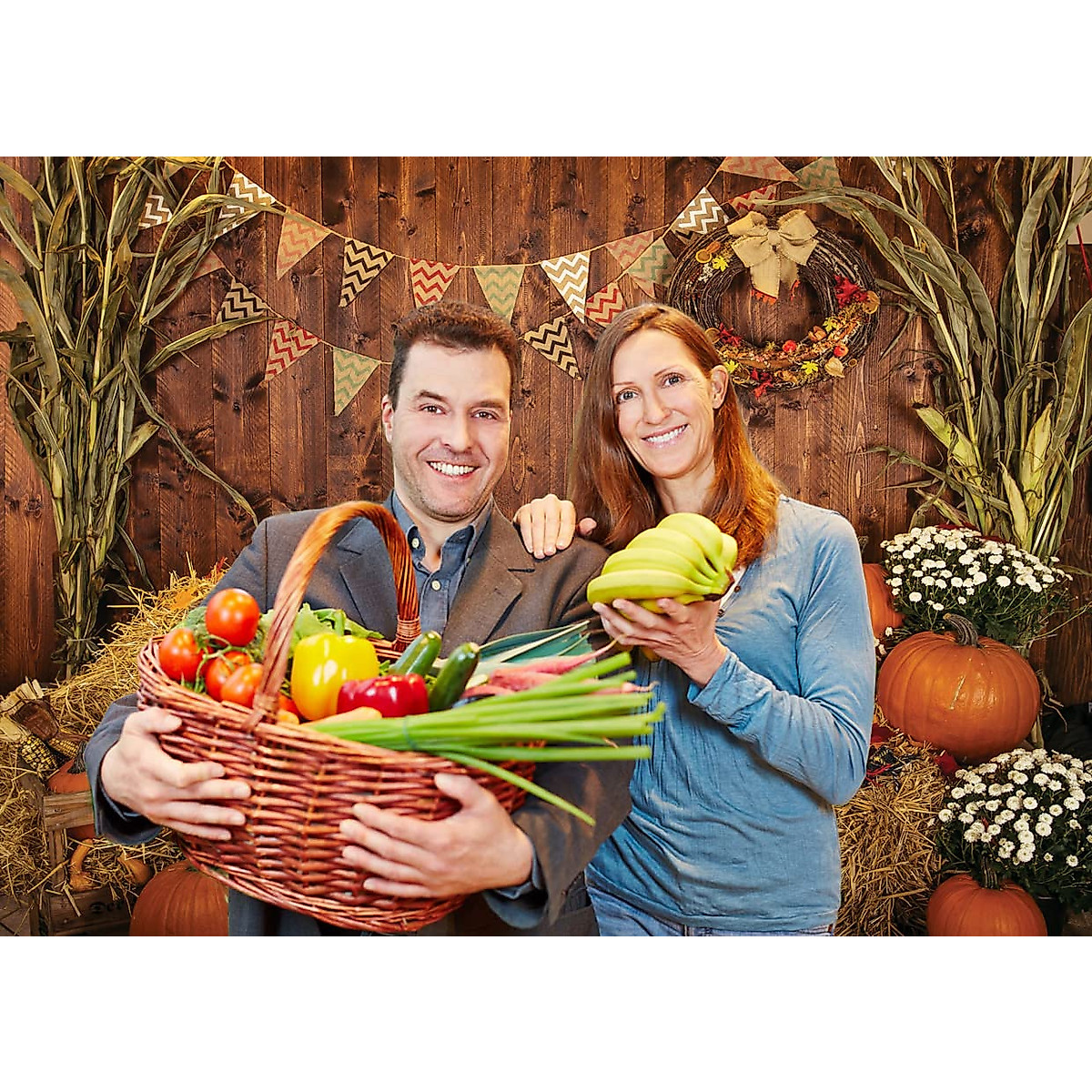 AIIKES 8x6FT Fall Thanksgiving Photo Backdrop Rustic Wood Board Barn Harvest Photography Background Autumn Pumpkin Leaves Flower Baby Birthday Portrait Party Decoration Photo Studio Booth Props 11-741