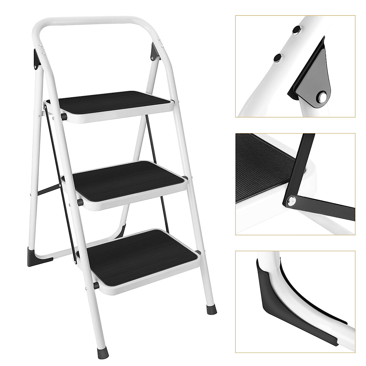 3 Step Stool, Gimify Folding Step Ladder Steel Stepladders Non-Slip Sturdy Steps Wide Pedal with Comfortable Hand Grip for Home Kitchen Garden Office 330 lbs