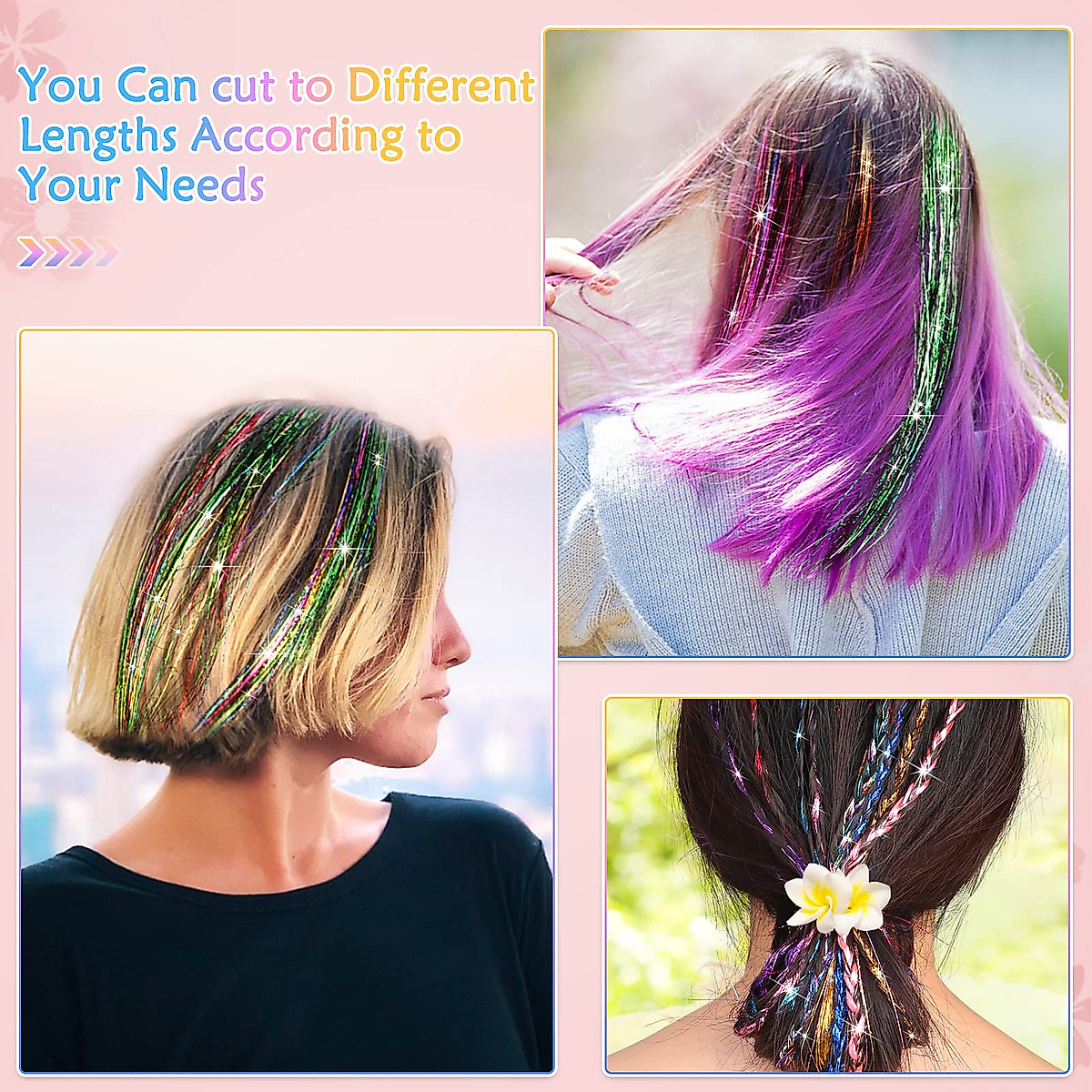 Mckanti 14 Colors Hair Tinsel Kit with Tool, 47 inch 2800 Strands Extensions for Women Girls, Fairy Glitter Sparkling Shiny Colorful Synthetic Party Daily Life Fashion