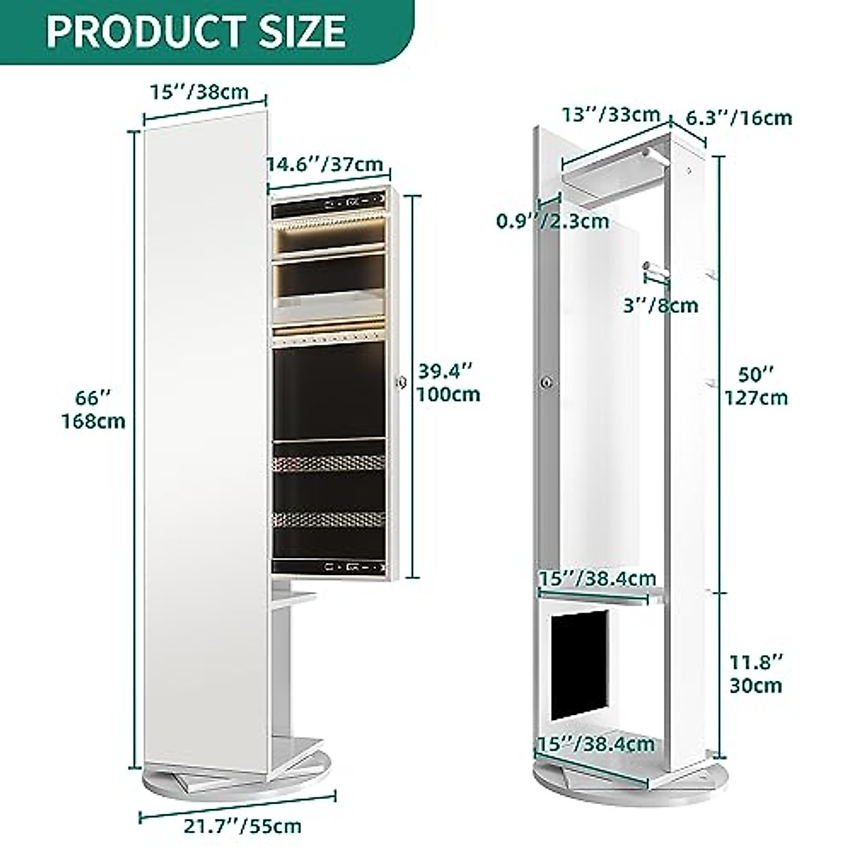 YITAHOME Jewelry Mirror Cabinet with Lights Full Length Mirror Jewelry Armoire LED Jewelry Organizer with 1 Coat Hanger, 4 Hooks, Standing Jewelry Armoires with Storage Shelves