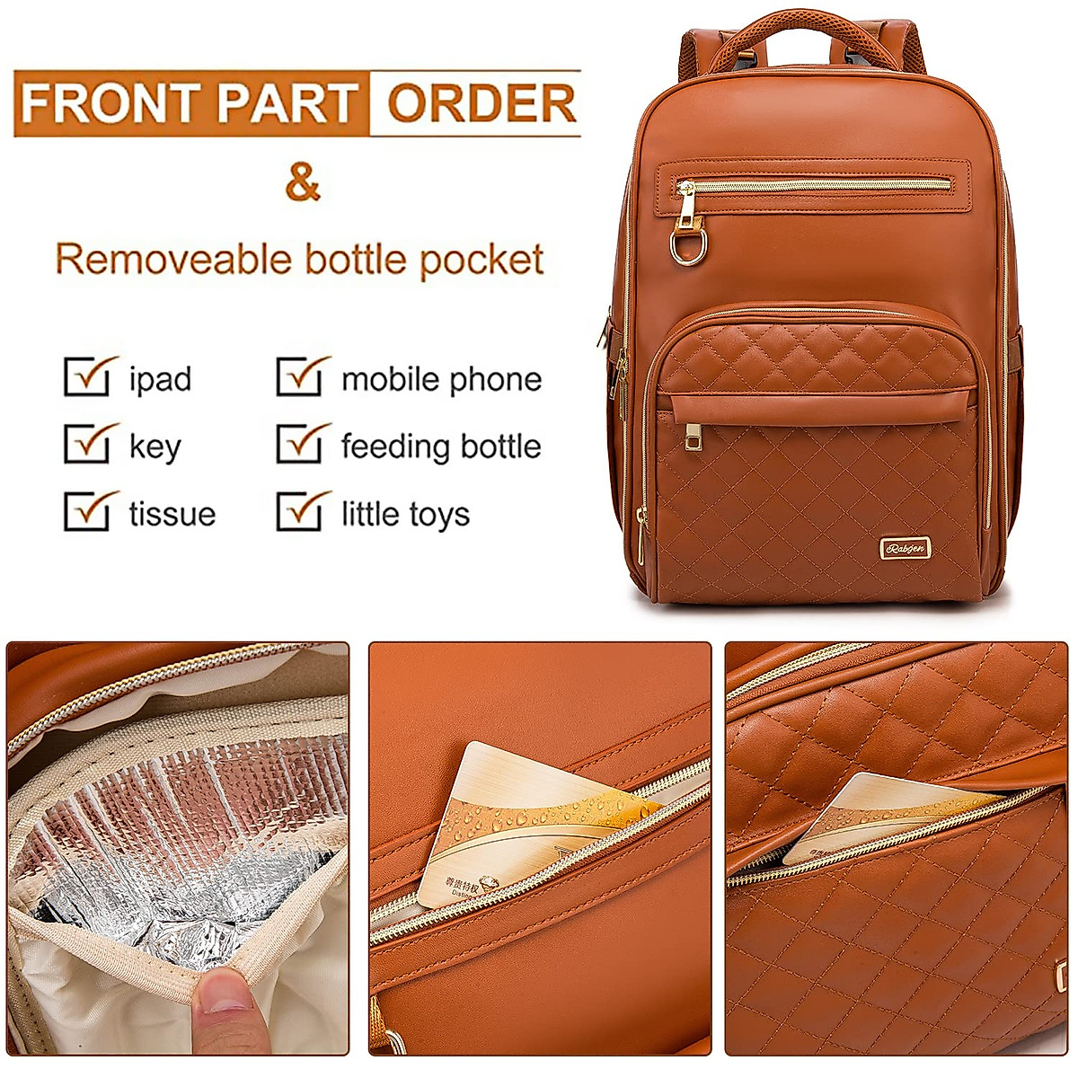 Rabjen Diaper Bag Backpack, Vegan Leather Baby Bag, Large Capacity Multifunction Maternity Travel Back Pack for Men and Women (dark brown)