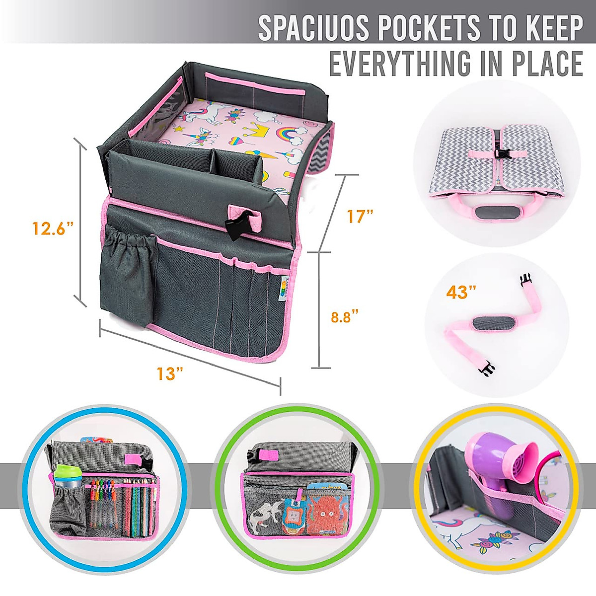 Kids Travel Tray - Car Seat Tray - Travel Lap Desk Accessory for Your Child's Rides and Flights - it's a Collapsible Organizer that Keeps Children Entertained Holding Their Toys (Pink)