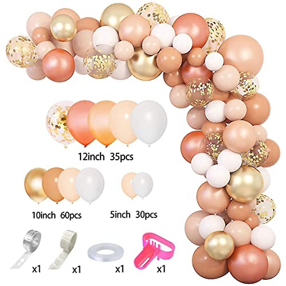 129 Pcs Blush Balloons Garland Arch Kit 12" 10" 5" Peach Rose Gold Pastel Orange Confetti Latex Metallic Balloons with 4Pcs Tools for Wedding Birthday Party Baby Shower Decorations