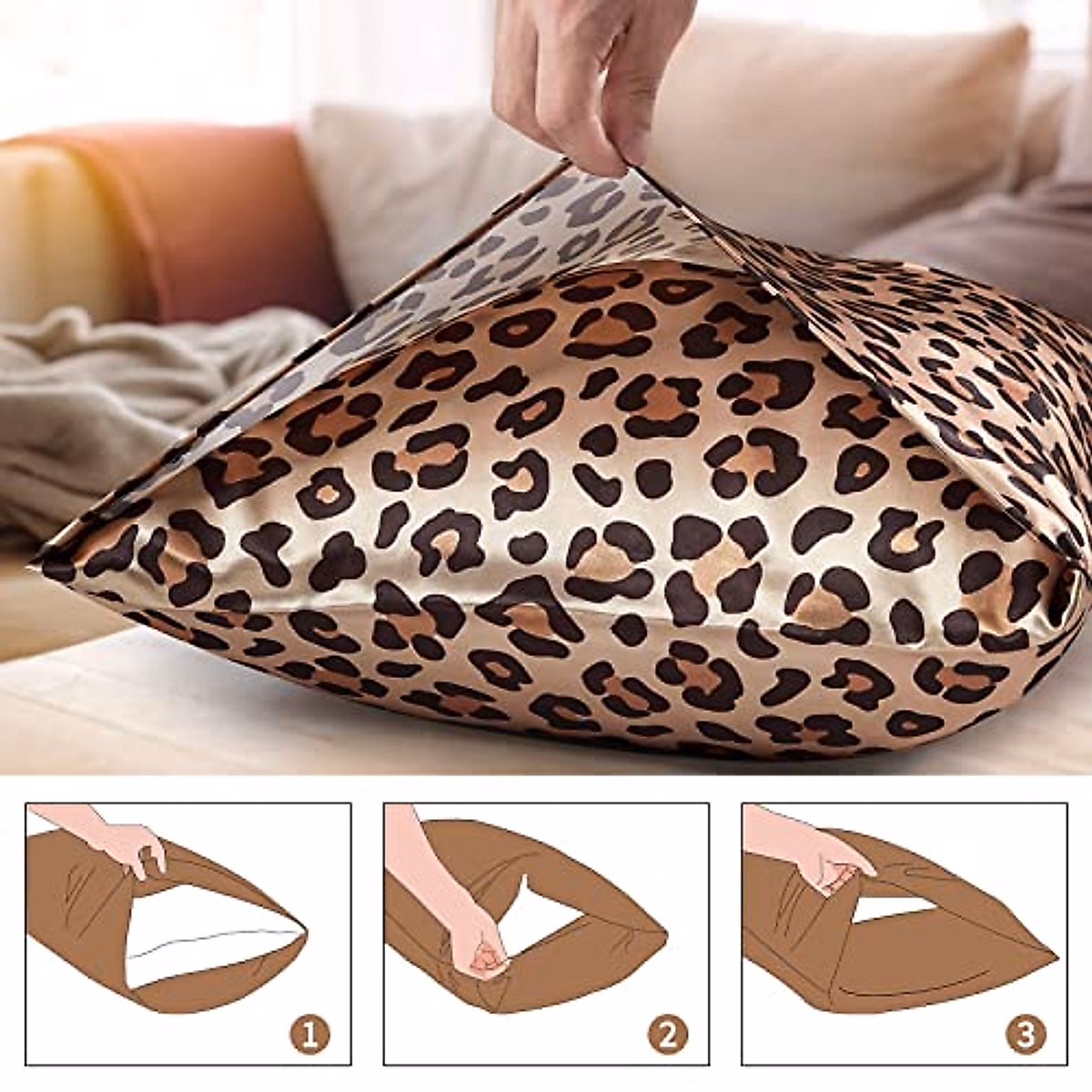 2 Pack Satin Pillowcase for Hair and Skin, Leopard Print with Envelope Closure, Satin Silk Pillow Cases 20x36 inches/King Size