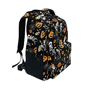 JIPONI Halloween Pumpkin Skull Skeleton Backpack For Women Men, Student School Bag Bookbag Travel Laptop Backpack Purse Daypack