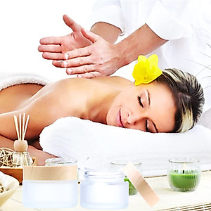 4 Pack 1oz Frosted Glass Cosmetic Cream Jar Bottle Refillable Glass Face Cream Pot Cosmetics Container With Plastic Wood grain lids and Inner Liners For Face Cream Eye Cream Lip Balm Ointments Salves