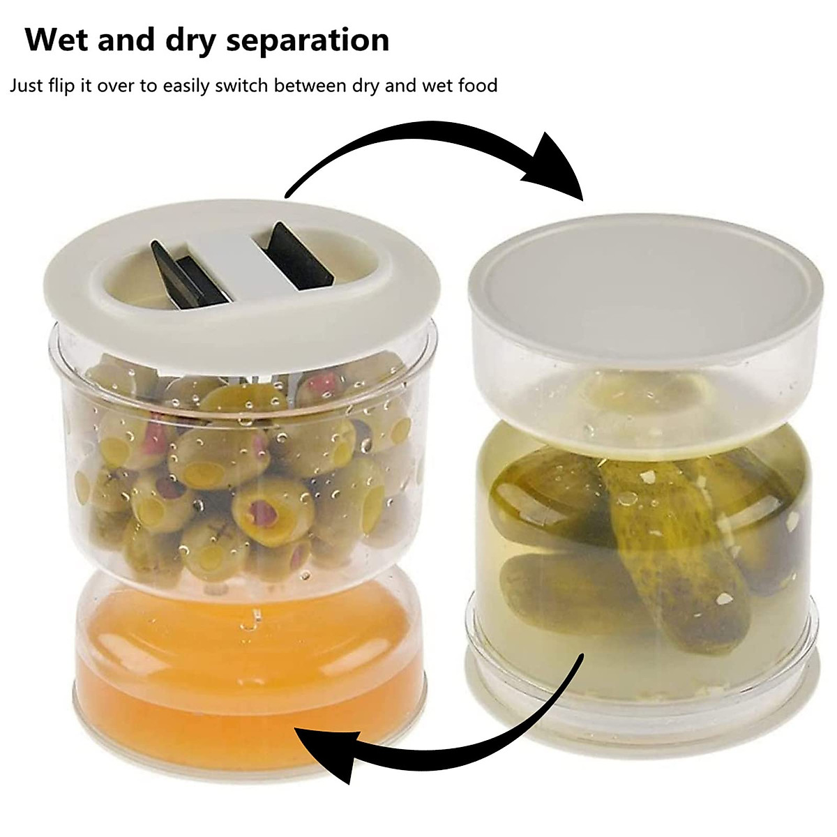 Pickle and Olives Jar Container With Strainer Flip Hourglass, Hourglass Jar Kimchi Jar Dry and Wet Separation Kitchen Pickled Cans Plastic Household Cylinder Fermentation Storage Tank（2PSC Brush）