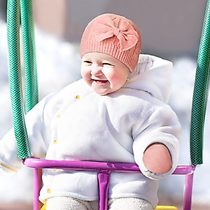 3 Set Toddler Hat Glove Set, Kids Winter Hats Warm Knitted Beanie Mittens Gloves with Bow for Baby Girls and Boys 0-6Y (White, Grey, Pink)