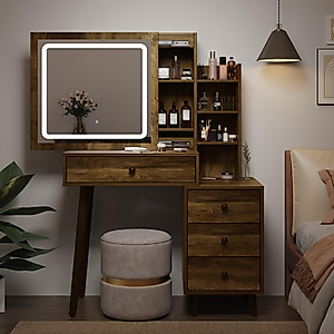 Sunvivi Vanity Desk with Sliding Mirror and LED Lights, 2 in 1 Wooden Makeup Vanity Desk for Nightstand and Dressing Table, Compact Medium Makeup Table with Sliding Mirror for More Storage Space