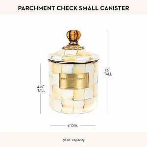 MACKENZIE-CHILDS Parchment Check Enamel Canister, Yellow-and-Cream Kitchen Storage Container with Lid, Small