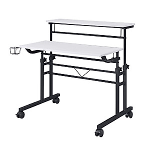 LKKRO Rolling Writing Desk with Height Adjustable Desktop and Moveable Shelf, White
