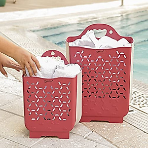 Foldable Plastic Laundry Baskets. Wall Hanging Storage Basket. Multi-function Storage Container Waterproof Durable for Bedroom and Bathroom (M&L, Red)