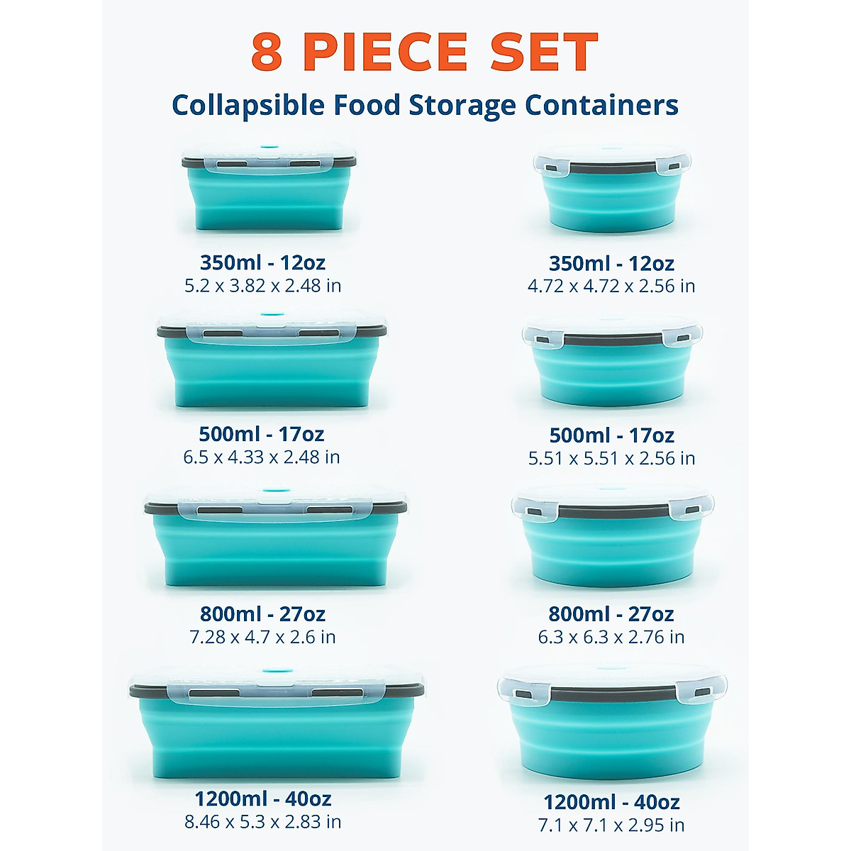 Lunememo 16 Pack Collapsible Silicone Food Storage Containers with Lids, Freezer & Dishwasher Safe, Foldable Lunch Box for Camper, Leftovers, Snacks, Meals, Blue