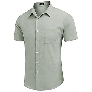 COOFANDY Mens Shirt Corduroy Casual Button Down Vacation Beach, Light Green, Large, Short Sleeve