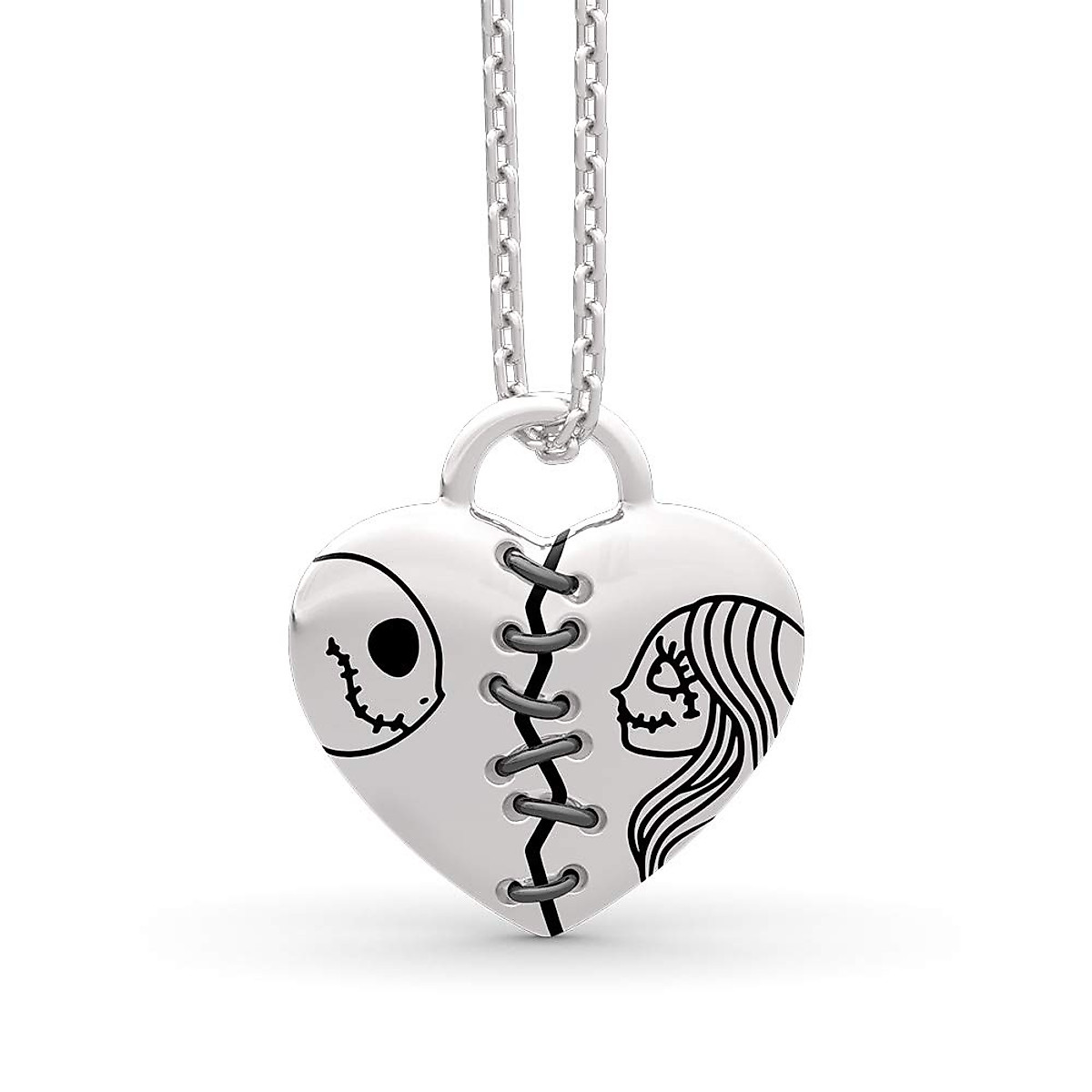 Jeulia Jack Skellington and Sally Heart Necklace 925 Sterling Silver The nightmare before Chirstmas Pendant Necklace Halloween Chrismas Romantic Jewelry Gift for Women Men Girlfriend