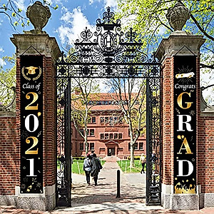 Graduation Decorations-2021,Graduation Decoration Hanging Banner Home Door Porch , Welcome Home Decor Sign,Congrats Graduation Party Supplies Hanging Gold Black And White Banner