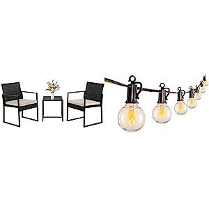 FDW 3 Piece Patio Set Outdoor Furniture Wicker Patio Furniture Chairs Bistro Set Rattan Conversation Set & Outdoor String Lights 25 Feet G40 Globe Patio Lights, Waterproof Hanging Christmas Lights