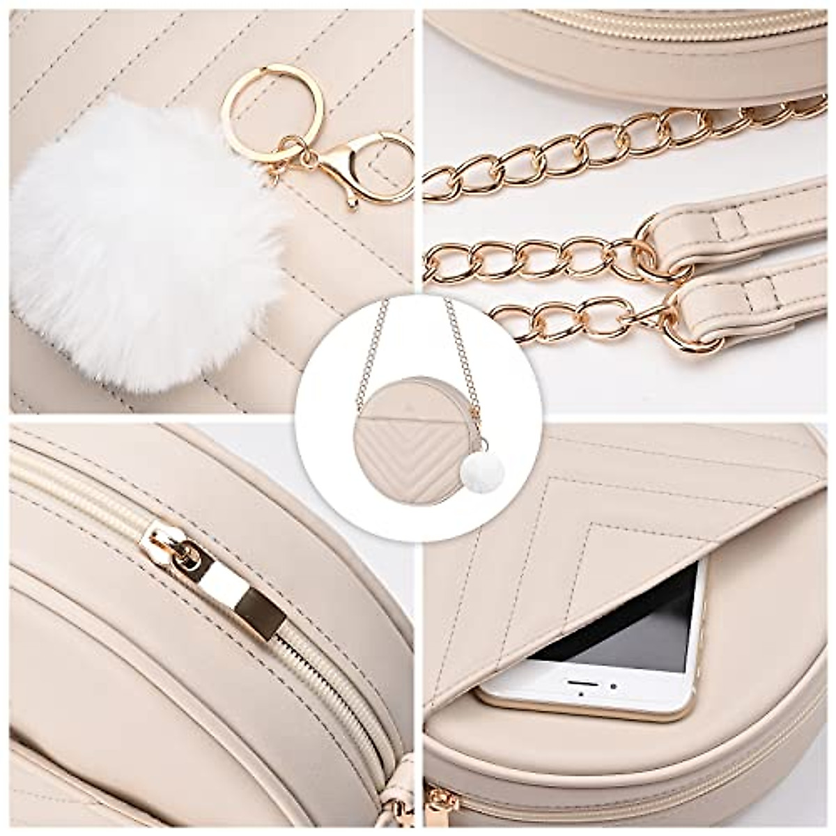 GM LIKKIE Round Crossbody Purse for Women, Circle Quilted Clutch Bag, Small PU Leather Evening Shoulder Handbag (Beige)