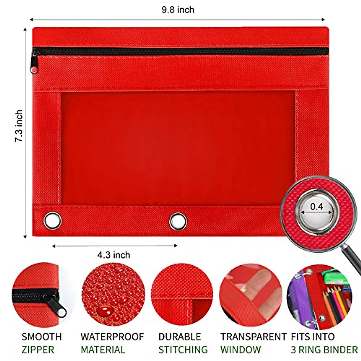 Pencil Pouch for 3 Ring Binder, Bulk 6 Pack Binder Pencil Pouch with Zipper, 3 Ring Pencil Pouch with Clear Window, Durable Cloth 3 Holes Zippered Pencil Pouch for Office School College Supplies
