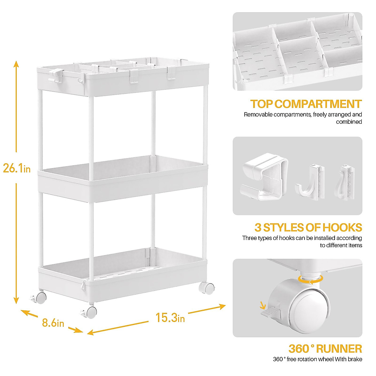 SPACELEAD 3 Tier Rolling Cart with Wheels, Storage Craft Art Trolley Organizer Serving, 3 Hanging Baskets Easy Assembly, for Office, Living Room, Kitchen, White