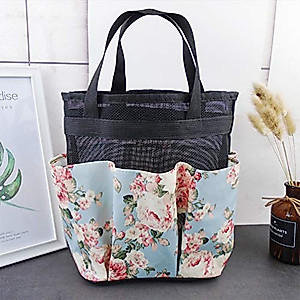 TOPBATHY Portable Mesh Shower Caddy Tote with Floral Storage Pockets Quick Dry Toiletries Cosmetic Bag Organizer Basket for Bathroom Bath College Dorm (Sky-Blue)