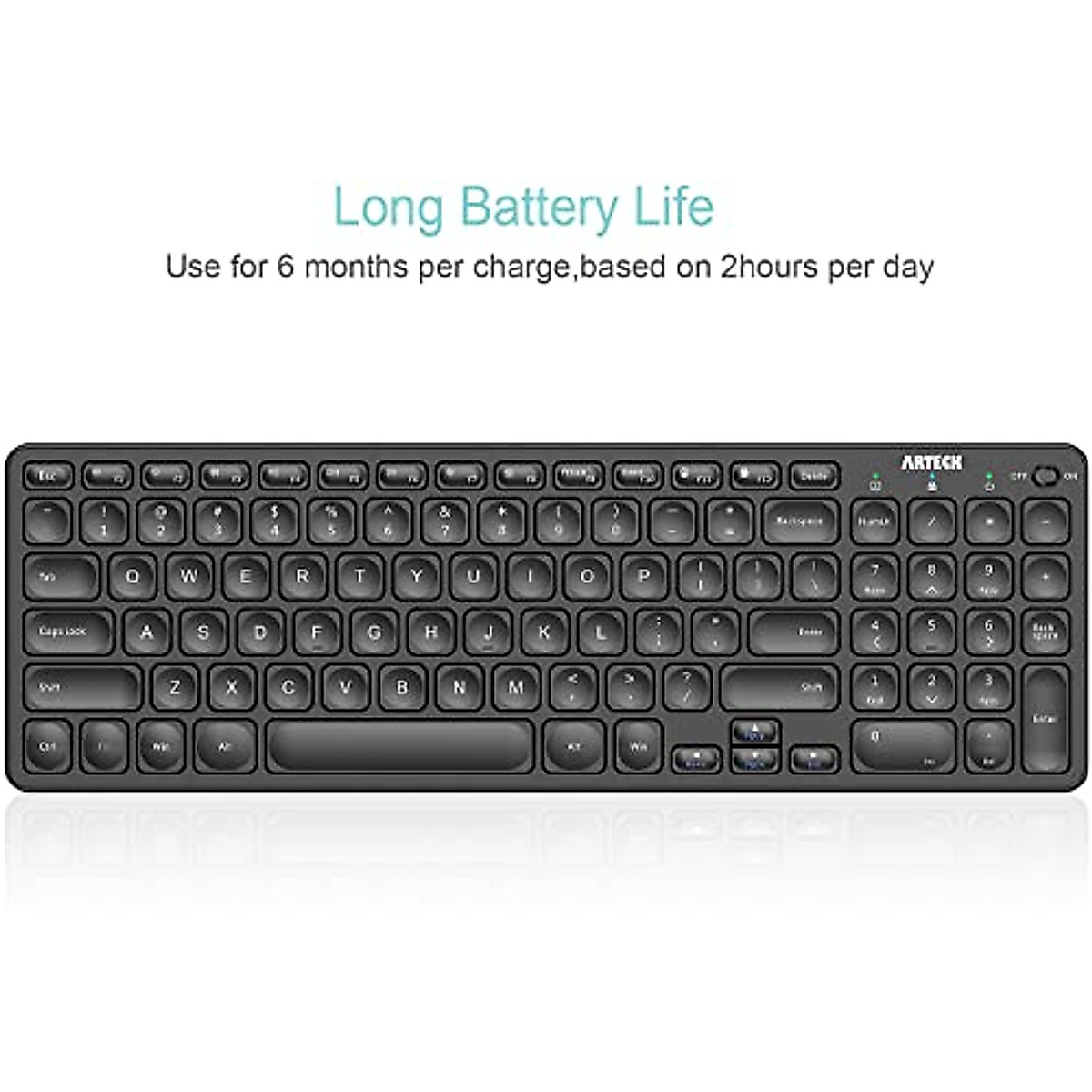 Arteck 2.4G Wireless Keyboard Ultra Slim Full Size Keyboard with Numeric Keypad and Media Hotkey for Computer/Desktop/PC/Laptop/Surface/Smart TV and Windows 10/8/ 7 Built-in Rechargeable Battery