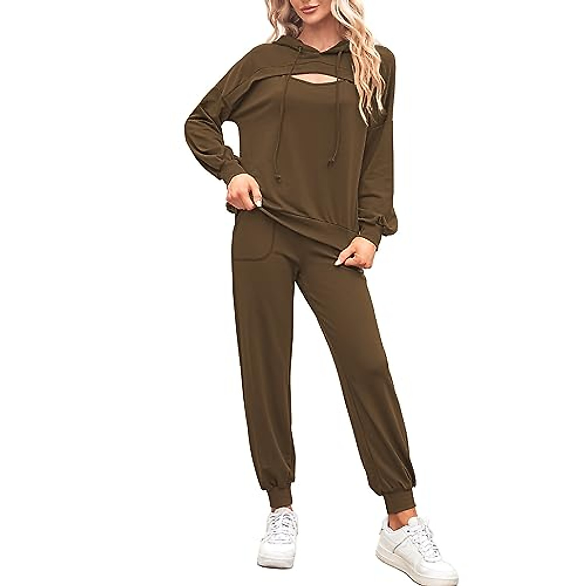 Pink Queen Two Piece Lounge Wear Sweat Sets Casual Relaxed Fit Fall Cutout Pullover Hoodies Tracksuit Ladies Running Active Drawstring Pants with Pockets Chocolate L