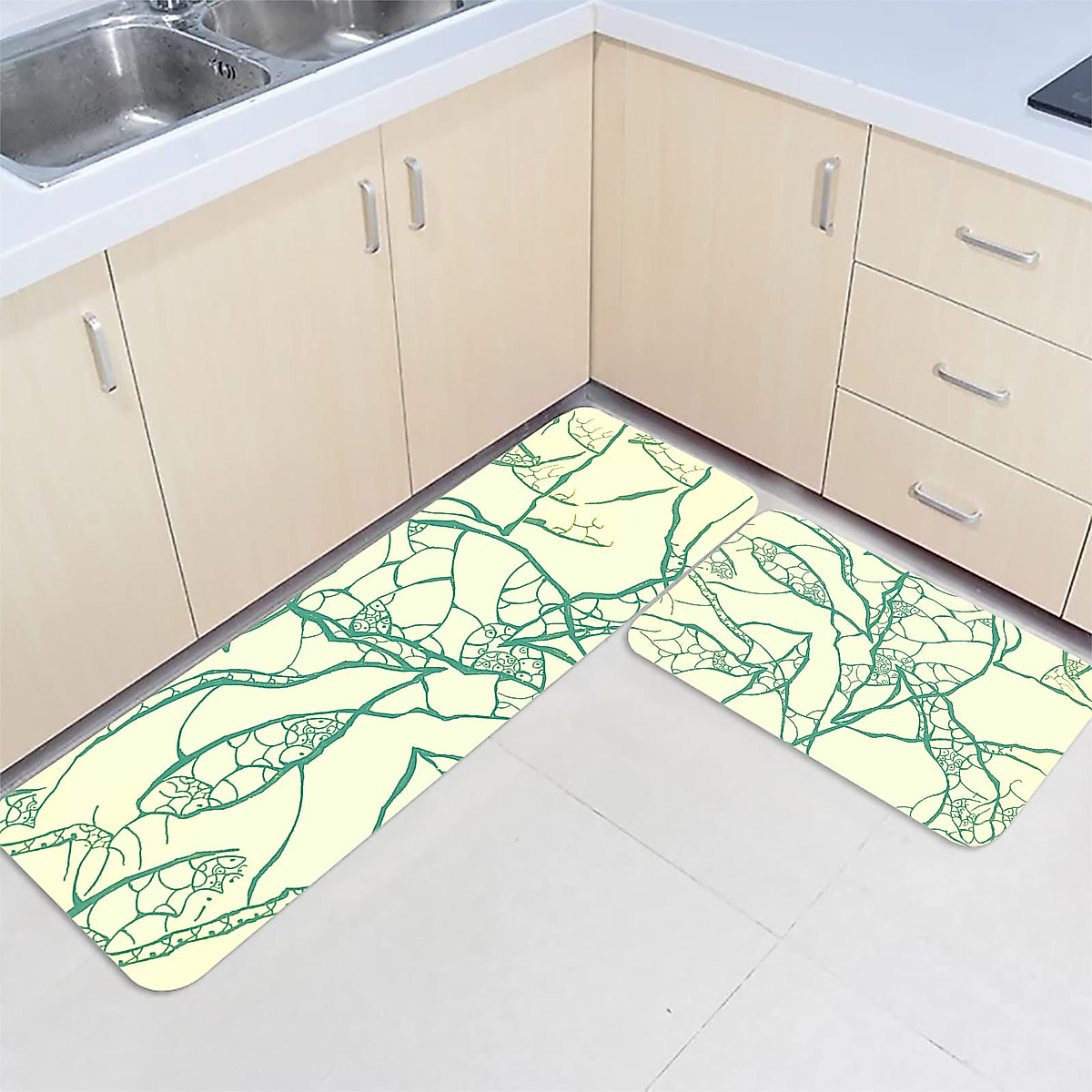 Green Yellow Kitchen Rugs Set of 2 Floor Mats, Abstract Botanical Art Hand Draw Lines Kitchen Rugs and Mats Non Skid, Cushioned Comfort Standing Mats, 24"x36"+24"x71"