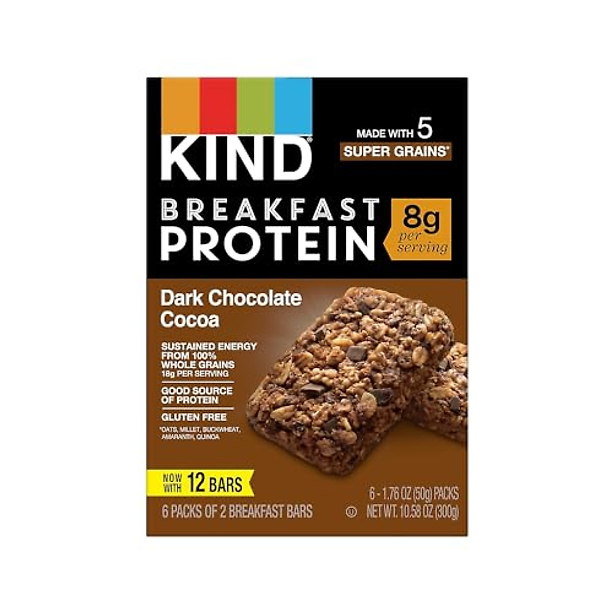 KIND Breakfast, Healthy Snack Bar, Dark Chocolate Cocoa, Gluten Free Breakfast Bars, 8g Protein, 1.76 OZ Packs (6 Count)