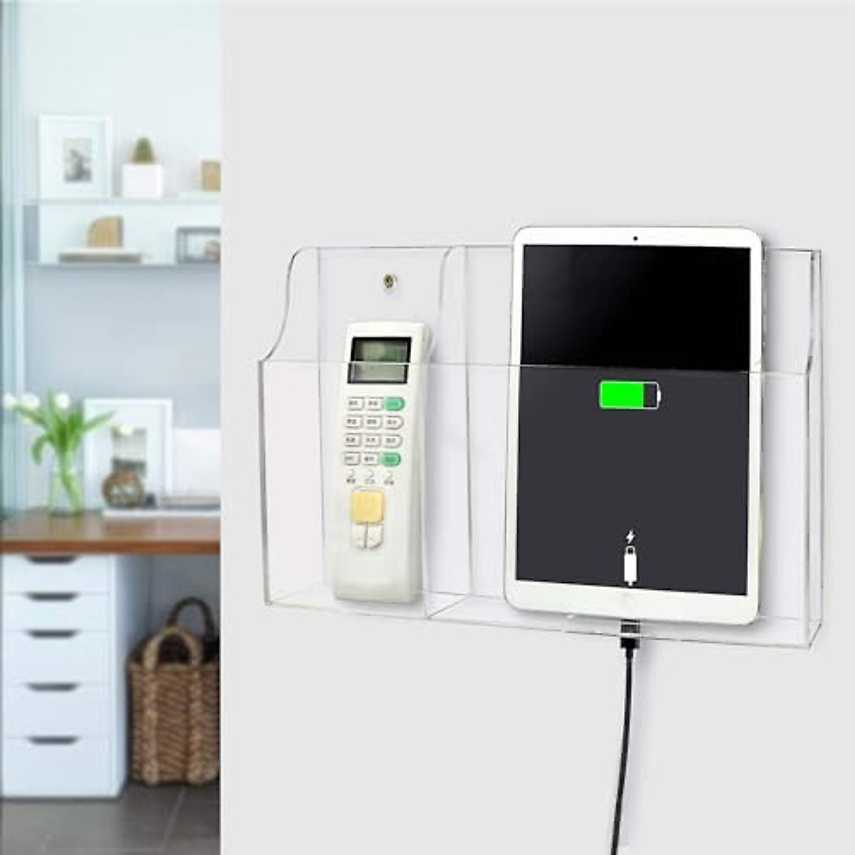Yoillione Wall Mount Tablet and Phone Charging Stand for Tablet, Smartphone, E-Book, 2 Slots Remote Control Holder for TV, Air Conditioning, Clear Acrylic Remote Storage Media Organizer Box