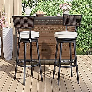 PatioFestival Patio Swivel Bar Stools Outdoor Bar Height Chairs Armless Rattan Back All-Weather Patio Furniture with Cushion,2 Pack