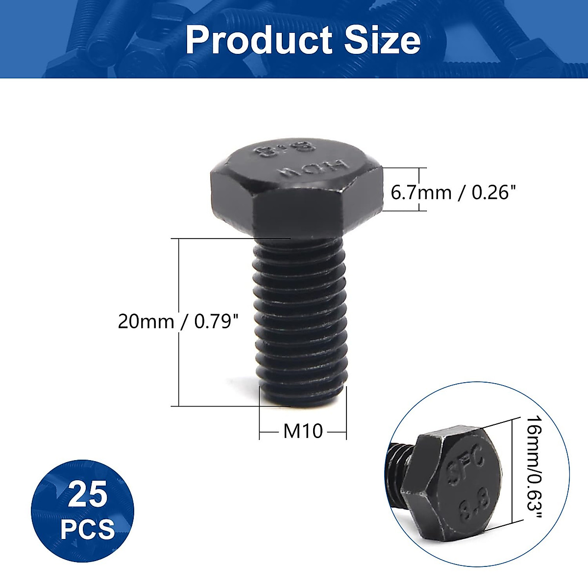 MroMax 25Pcs M10 x 20mm Hex Head Screw Bolt, Carbon Steel Grade 8.8, Black Oxide Finish, Full Thread, Hexagon Head Bolts for Furniture Repair