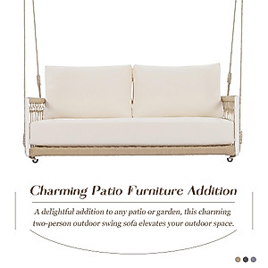 Quarte 1-Piece Woven Rope Outdoor Swing Sofa, 2-Person Porch Swing Bench with Soft Cushions, Patio Furniture for Garden, Backyard, Poolside (Beige/Rope)