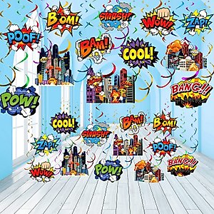 54 Pieces Hero Themed Party Decorations, Fun Hero Theme Party Sign Cutouts cirty theme Ceiling Hanging Swirls Streamers for Kids Adults Hero Birthday Celebrating Party Baby Shower Supplies