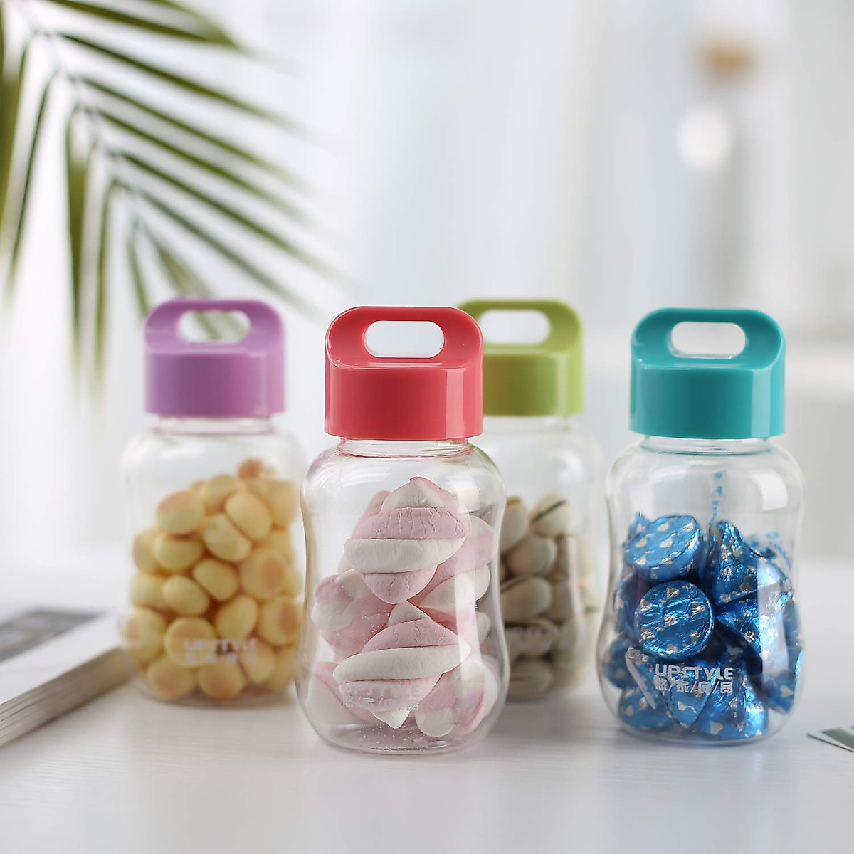 UPSTYLE 3-Piece 6oz Small Water Bottle Food Grade Plastic Mini Cute Juice Travel Mugs Sports Wide Mouth Cups in Bulk for Milk/Coffee/Tea Kitchen Storage for Snacks Lunch Box (3 colors)