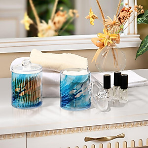 BOENLE 2 Pack Qtip Holder Organizer Dispenser Blue Marble Bathroom Storage Canister Cotton Ball Holder Container for Cotton Pads/Swabs/Floss