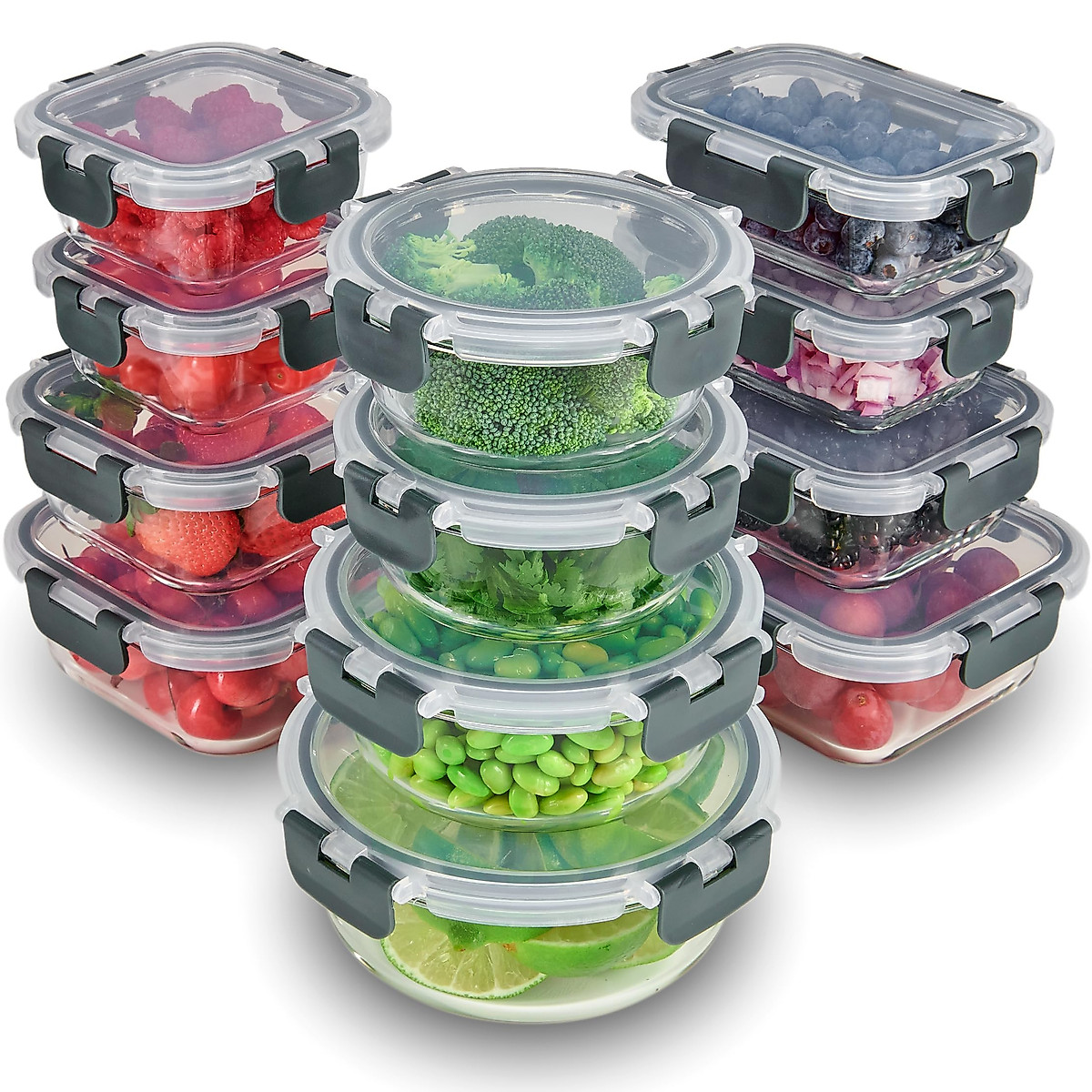 FineDine 24-Piece Superior Glass Food Storage Containers Set - Newly Innovated Hinged Locking lids - 100% Leakproof Glass Meal-Prep Containers, Great On-the-Go & Freezer-to-Oven-Safe Food Containers