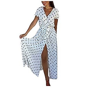 XIMIN Women's Fashion Casual Short Sleeve V-Neck Low Cut Printed Polka Dot Dress Beach Maxi Dress (White, Size:XXXXL)