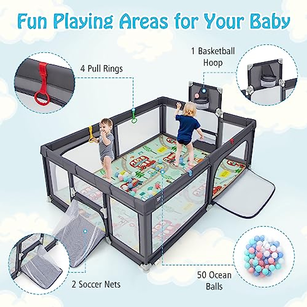 Costzon Large Baby Playpen with Mat, Playpen for Babies and Toddlers w/Basketball Hoop & Soccer Nets, Pull Rings & Ocean Balls, Zippered Gates, Portable Indoor Safety Sturdy Play Yard (Dark Gray)