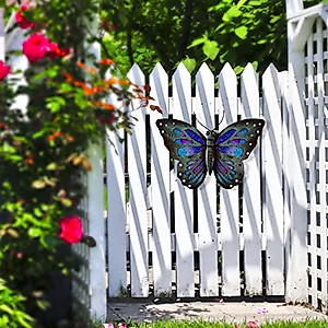 LIFFY Metal Butterfly Wall Decor 15inch Blue Butterfly Outdoor Art Hanging Glass Wall Decorations for Garden Fence Patio