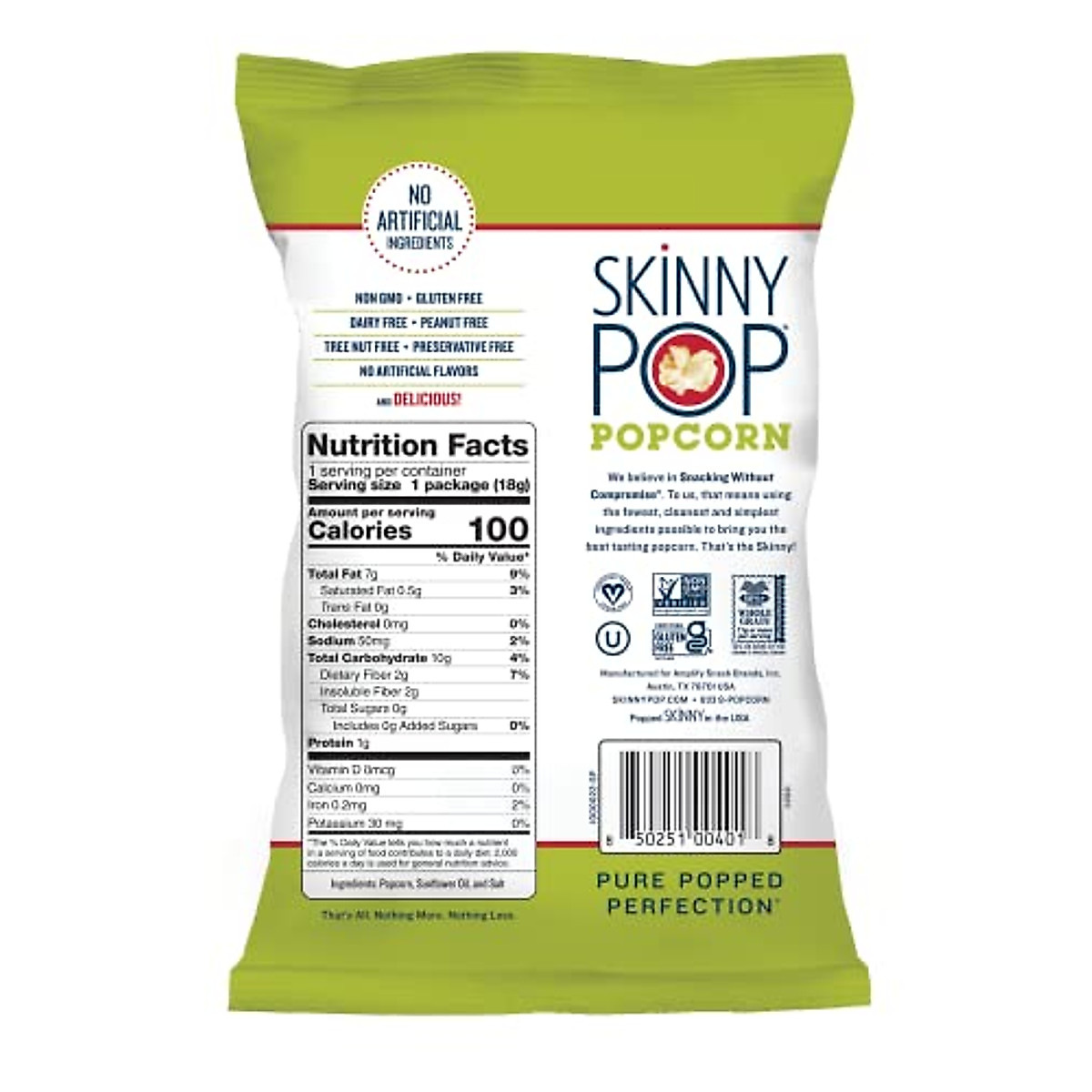 SkinnyPop Original Popcorn, Individual Snack Size Bags, Skinny Pop, Healthy Popcorn Snacks, Gluten Free, 0.65 Ounce (Pack of 30)