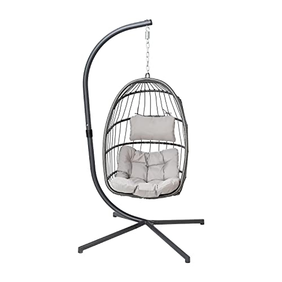 Flash Furniture SDA-AD608001-GY-GG Cleo Patio Hanging Egg Chair, Wicker Hammock with Soft Seat Cushions & Swing Stand, Indoor/Outdoor Cushions, Gray