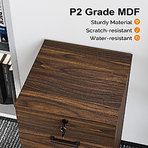 VINGLI 2 Drawer File Cabinet with Lock, Wood Dark Brown File Cabinet for Letter Size File Folders with Tabs, Under Desk Rolling File Cabinets for Home Office, Mobile Filing Cabinet Printer Stand