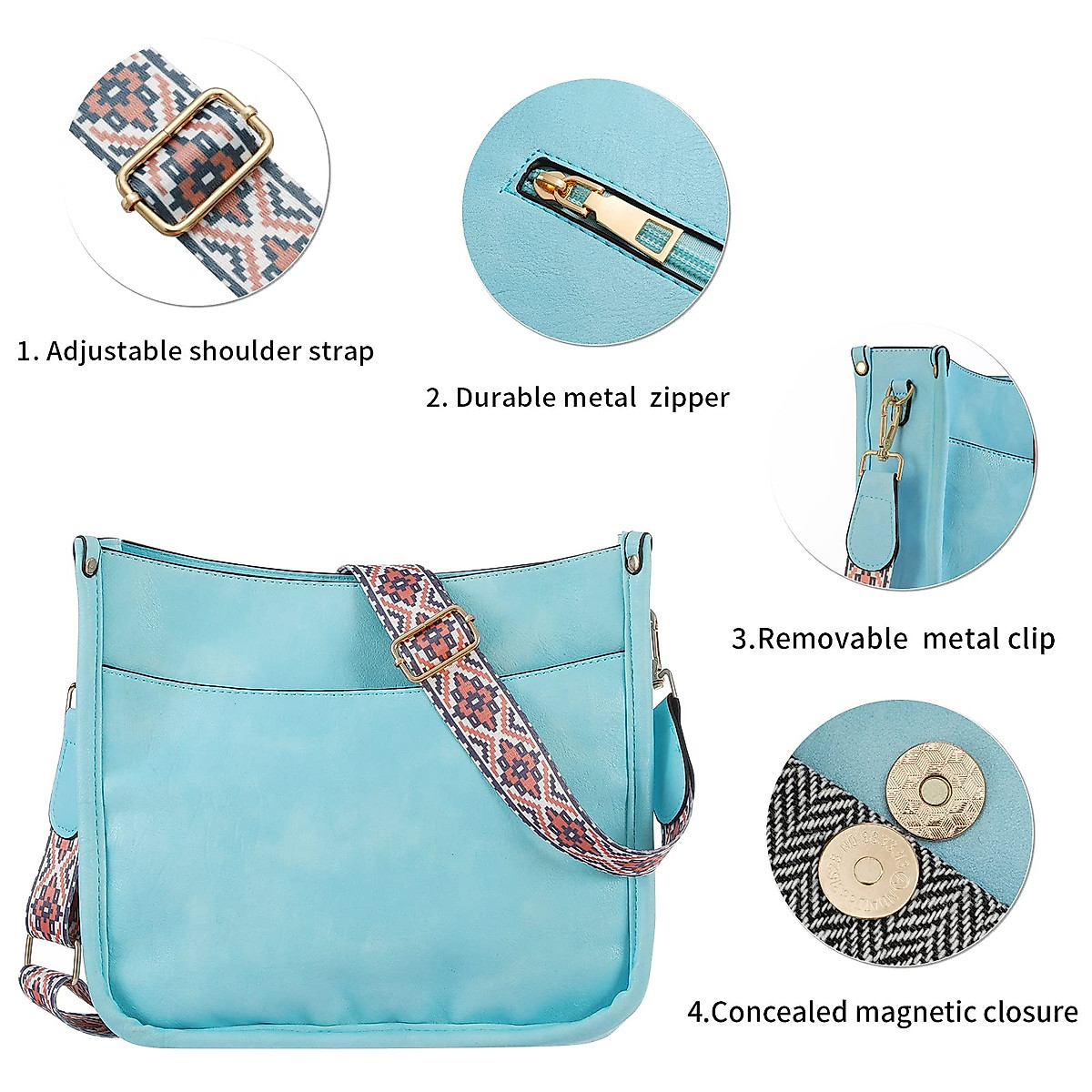 DYSHAYEN Women Crossbody Purse with Guitar Strap,Vegan Leather Zipped Pockets Handbag Shoulder Bag (Aqua Blue)