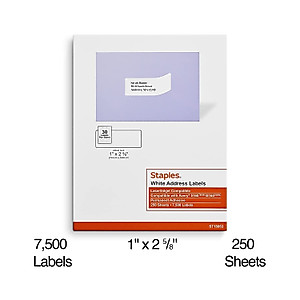 Staples 479884 Laser/Inkjet Address Labels 1-Inch x 2-5/8-Inch White 30 Labels/Sheet